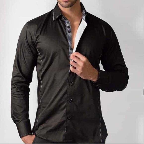 via uomo | Shirts | Via Uomo Black Textured With White Accents Button ...